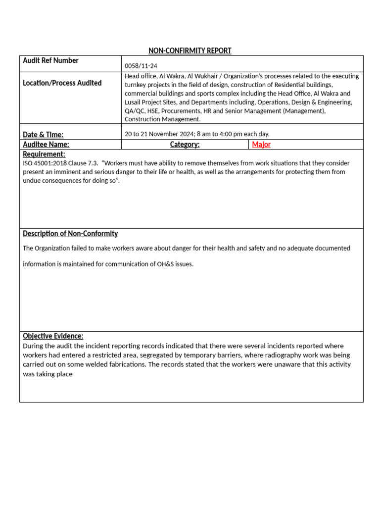 Non conformity report | PDF