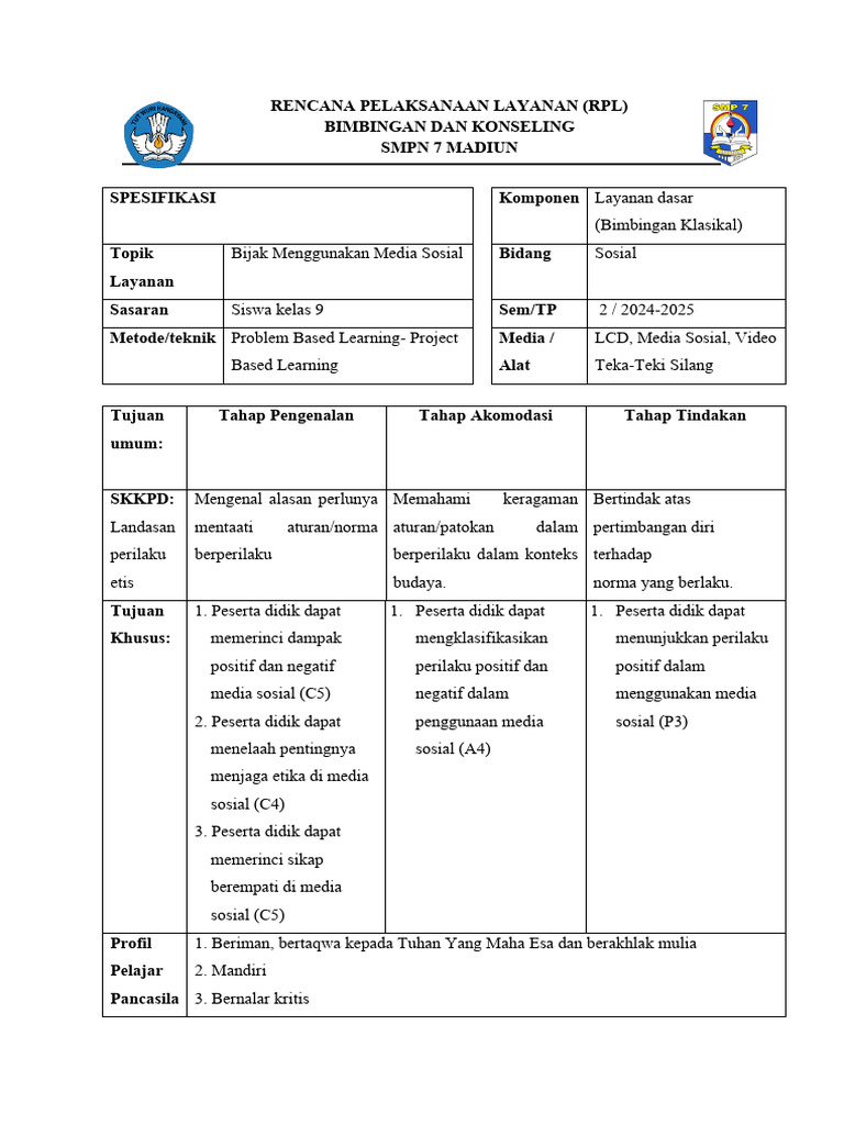 Contoh RPL Bimklas | PDF