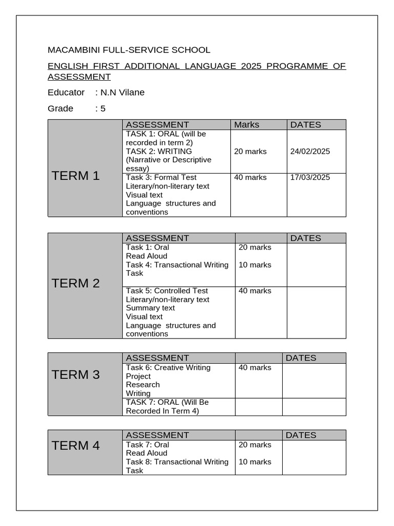 Programme of Assessment (POA) ENGLISH - 082637 | PDF