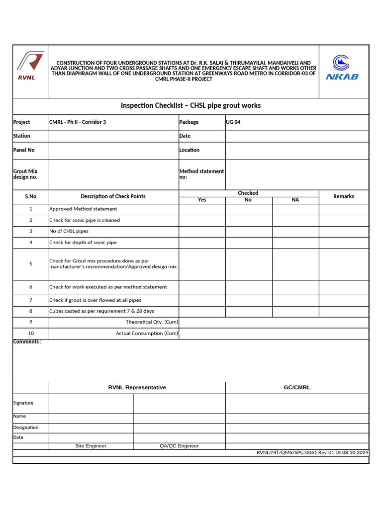 CHSL Pipe Grouting Checklist | PDF