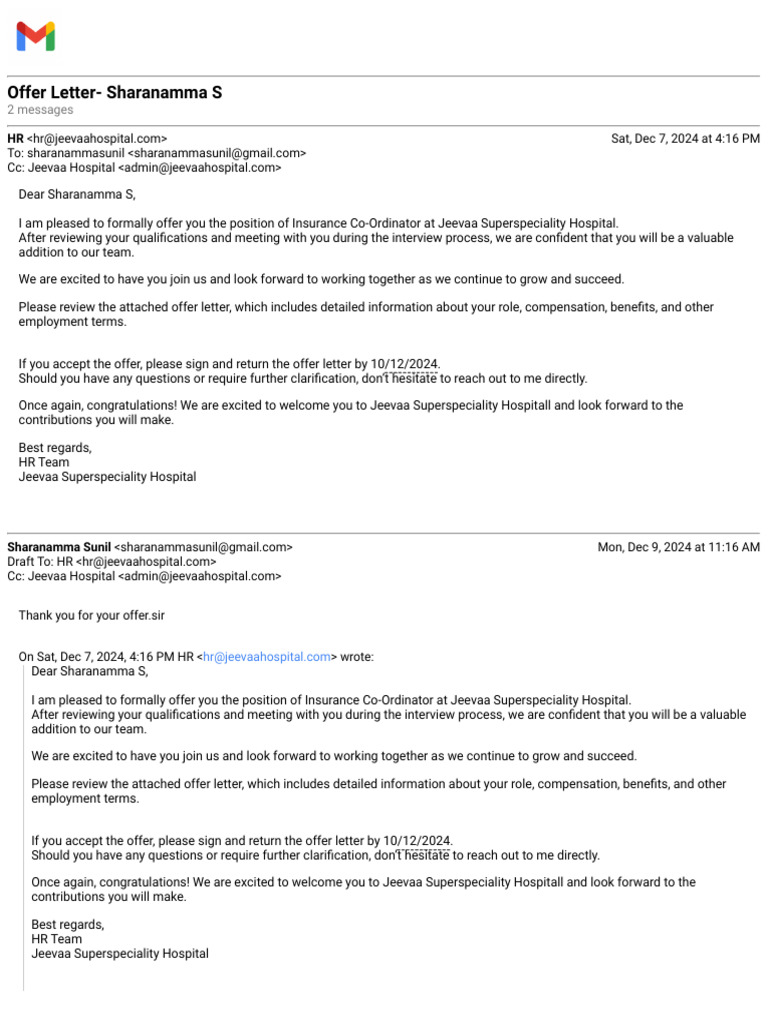 Gmail - Offer Letter - Sharanamma S | PDF