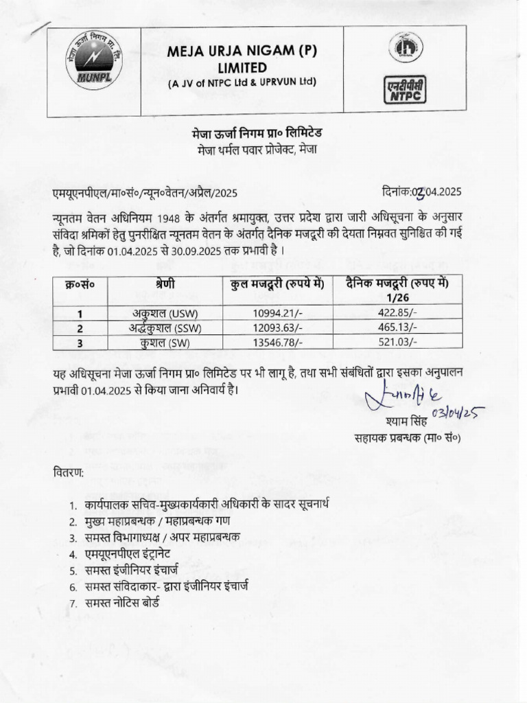 Minimum Wage Circular W.E.F. 01.04.2025 | PDF