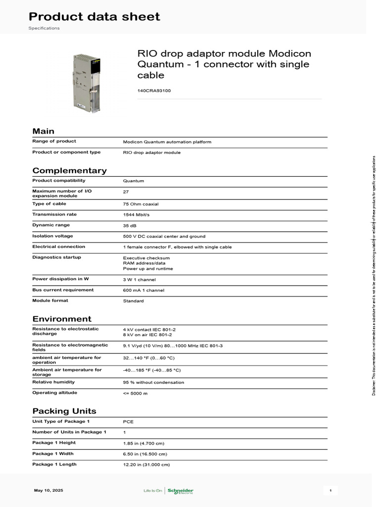 Schneider Electric_Modicon-Quantum_140CRA93100 | PDF | Coaxial Cable | Electrical Connector