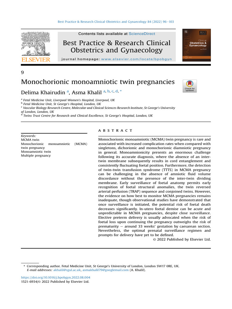Monochorionic Monoamniotic Twin Pregnancies | PDF | Pregnancy | Fetus