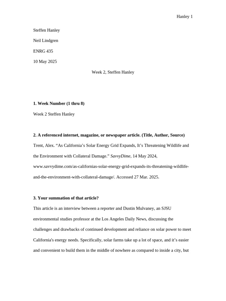 Week 2, Steffen Hanley | PDF | Sustainable Energy | Nature