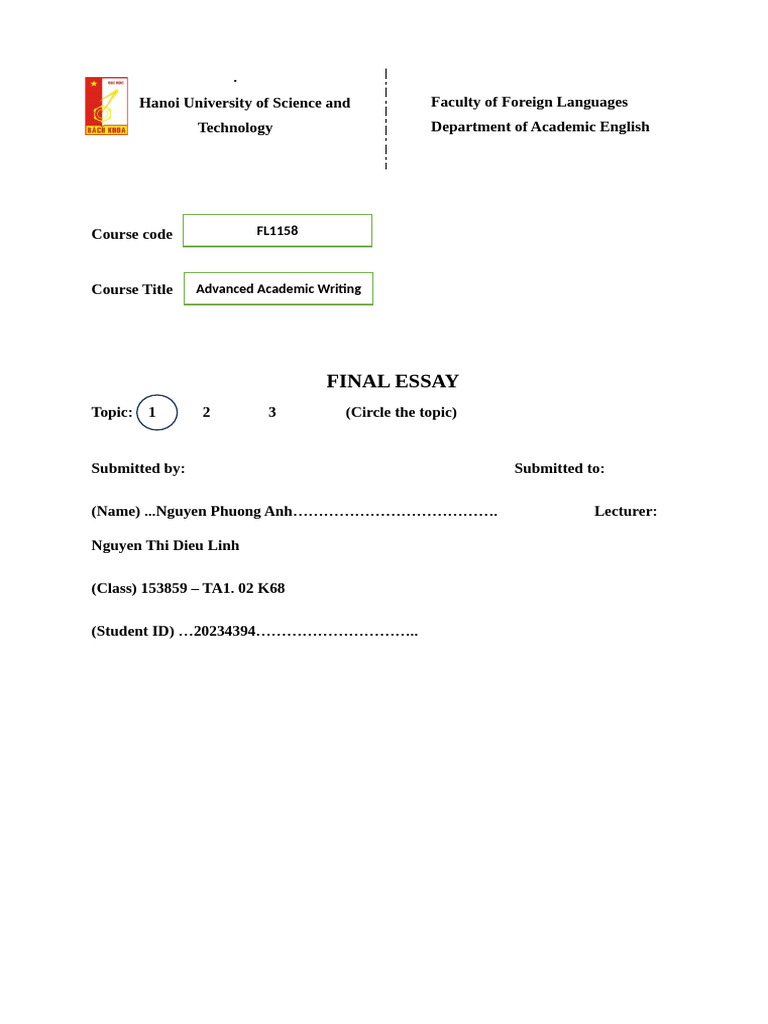 Final Essay - Cover Page and Format Instructions | PDF | Parenting ...