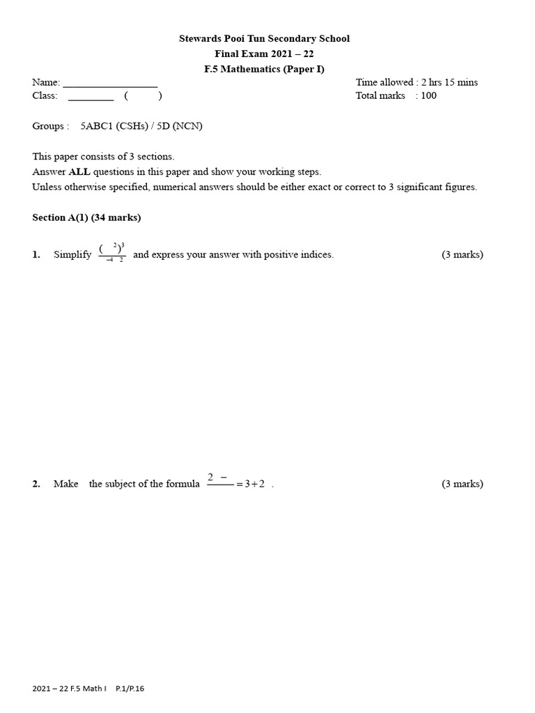 F.5 Mathematics Final Exam 2021-22 | PDF | Circle | Mathematics