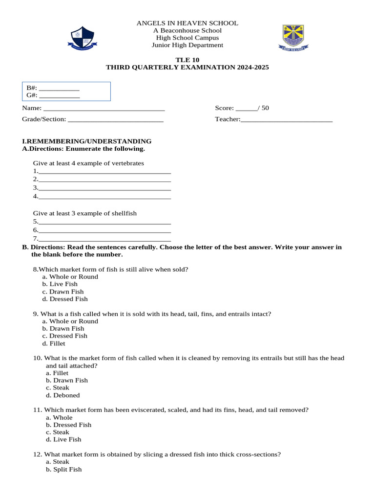 Tle 10 Quarterly Exam | PDF | Shellfish | Fin