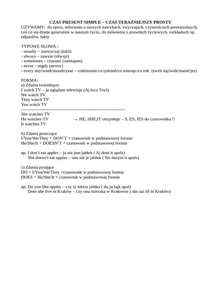 Present Simple - Notatka | PDF