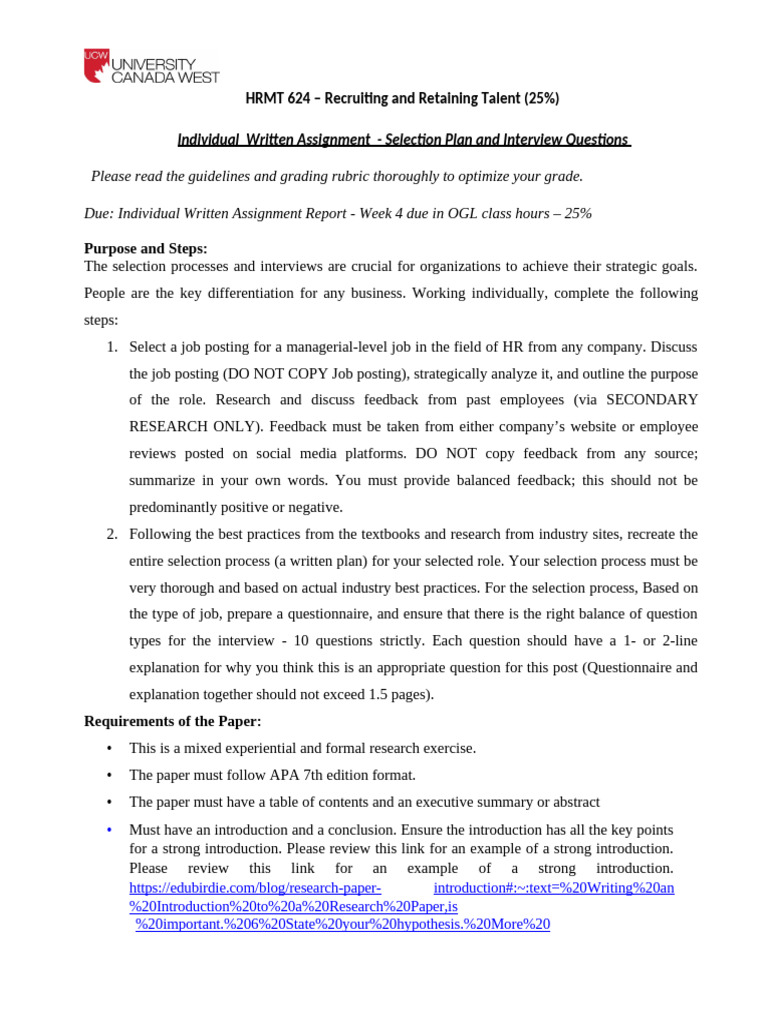 HRMT 624 Individual Assignment - Selection Plan and Interview Qs | PDF ...