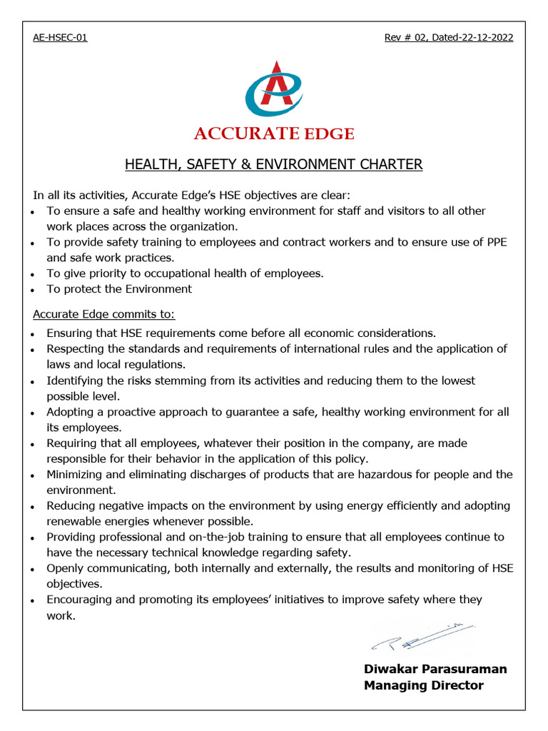 AE-HSEC-01-R 2-22-12-2022 - HSE Charter | PDF