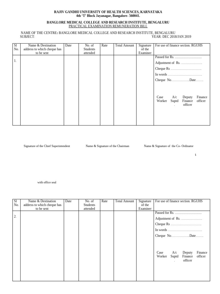 RGUHS Practical Exam Remuneration Bill | PDF