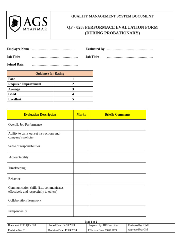 QF 028 - Performance Evaluation Form (During Probationary) (Rev 01) | PDF | Performance ...