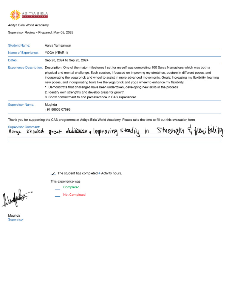 CAS Completion Form - Yamsanwar Aarya - YOGA YEAR 1 (3) 2 | PDF