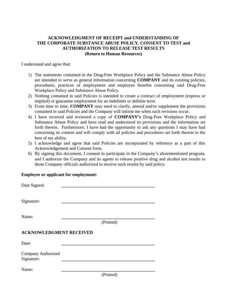 Substance Abuse Policy Acknowledgment Form | PDF