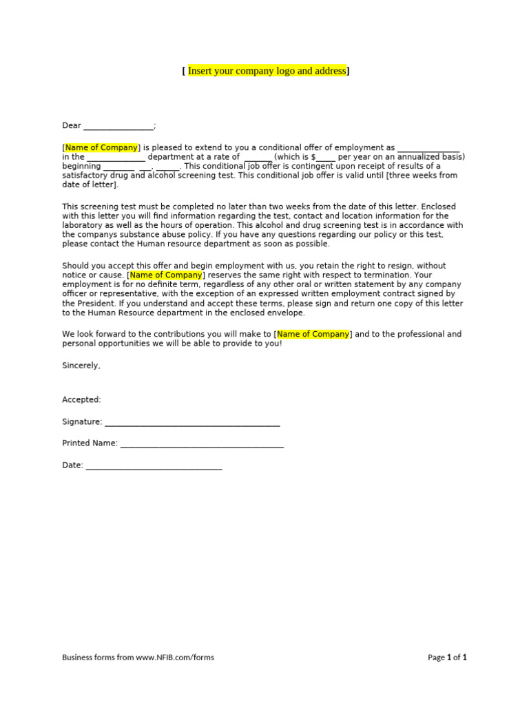 Conditional Employment Offer Letter | PDF