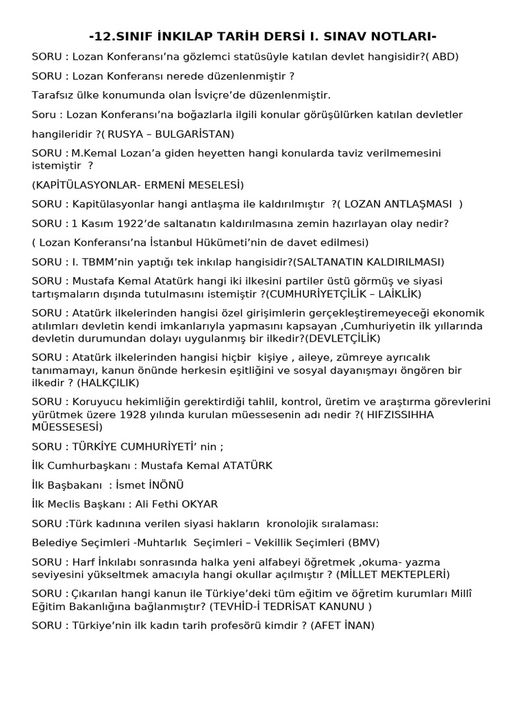 12 İnk.t. 2.dönem - 1. Sinav Notu | PDF