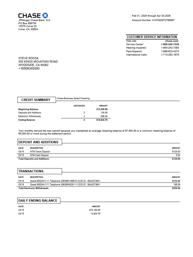 Chase-Bank-Statement-TemplateLab.com_ | PDF | Chase Bank | Banking Technology