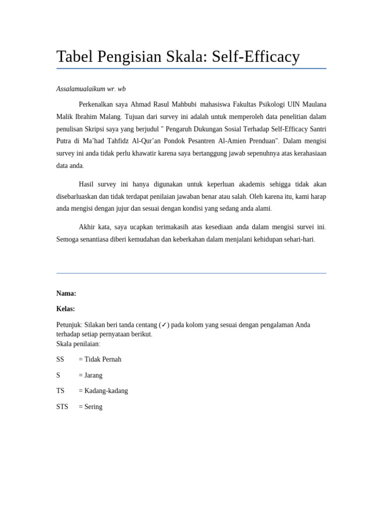Tabel Pengisian Skala Self Efficacy | PDF