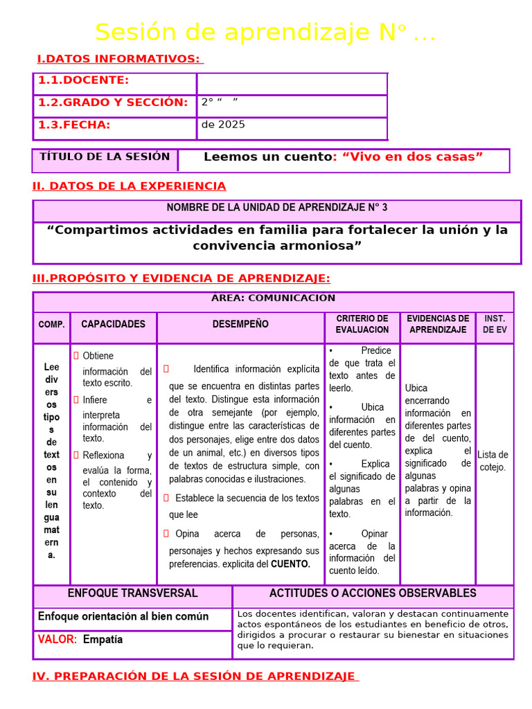 Sesión Leemos Un Cuento Vivo en Dos Casas - Maestra Janet 2° | PDF | Aprendizaje | Enseñando
