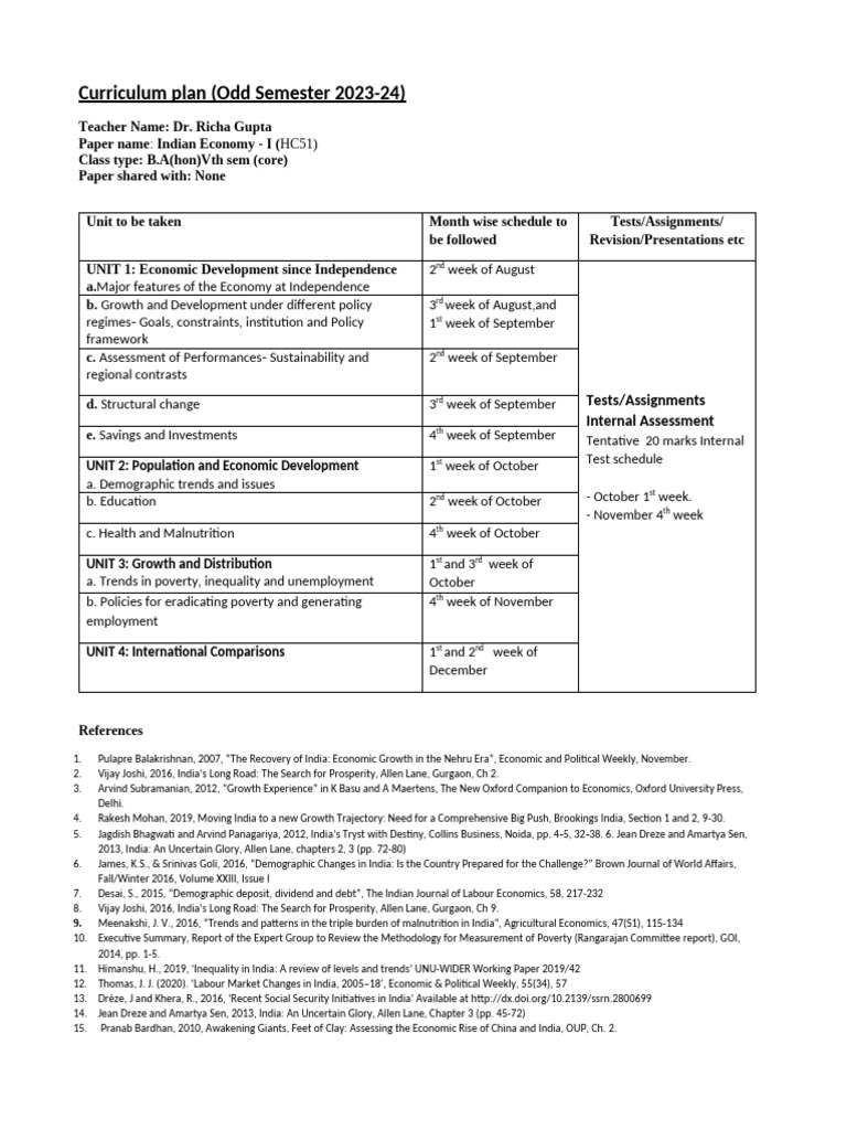Curriculum Plan (Odd Semester 2023-24) : UNIT 2: Population and Economic Development | PDF ...