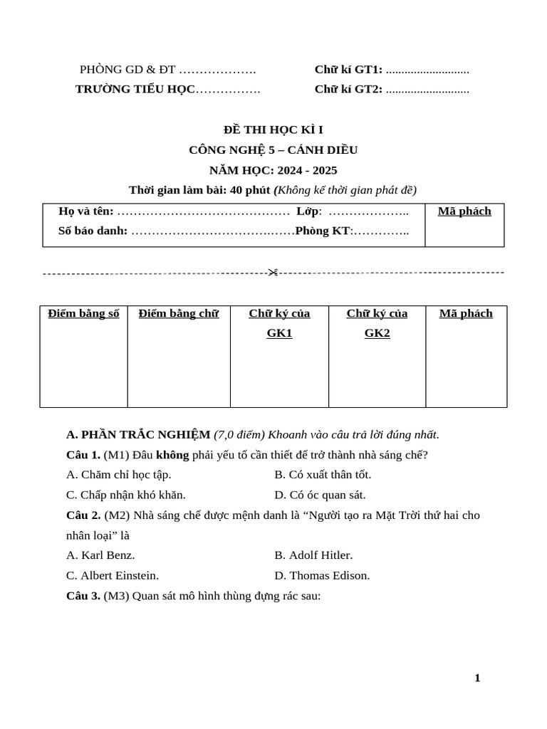 De Thi hk1 Cong Nghe 5 CD | PDF