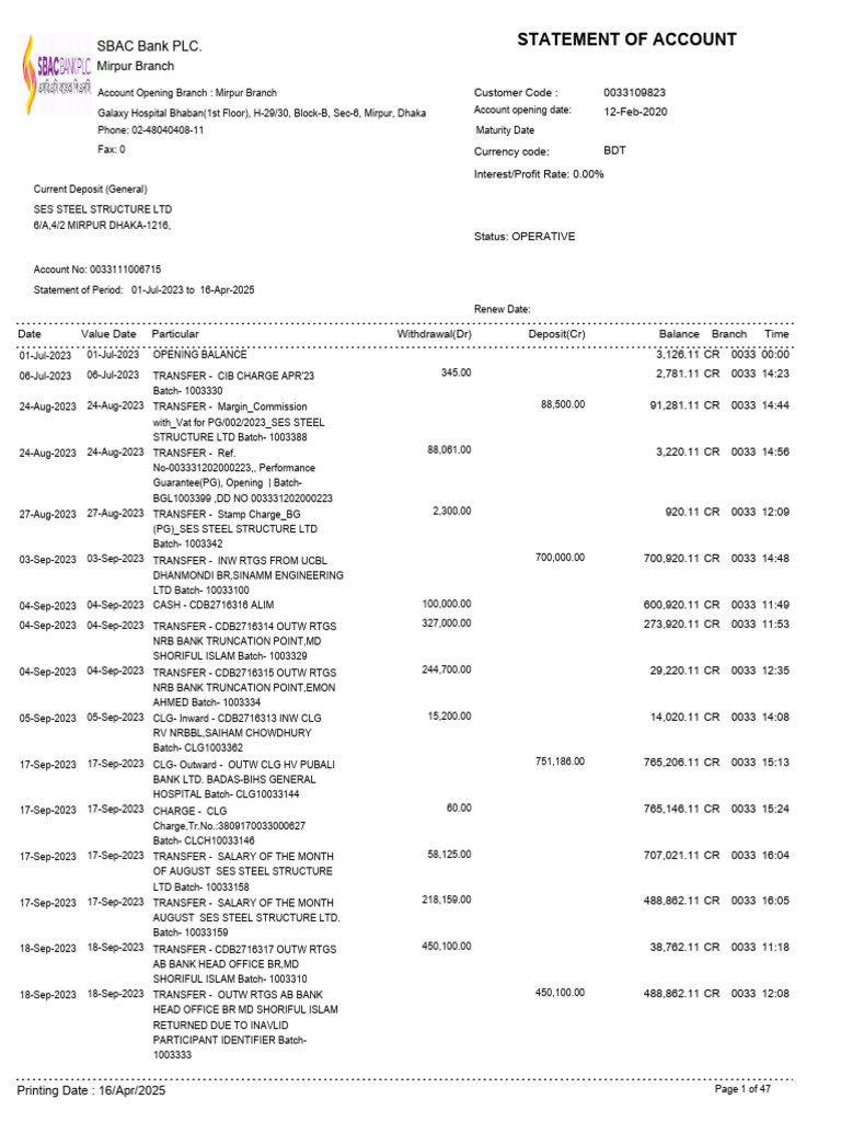 Mirpur Branch Account Statement Summary | PDF | Personal Finance ...