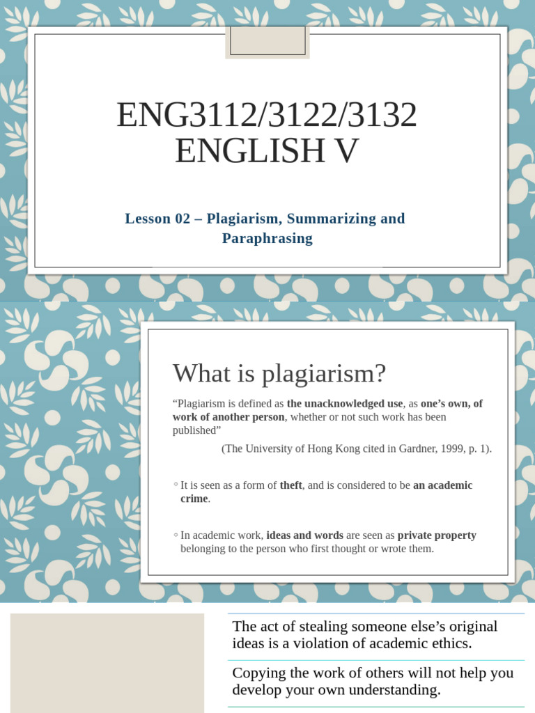 Lesson 02 - Plagiarism, Summarising Paraphrasing | PDF | Part Of Speech | Plagiarism