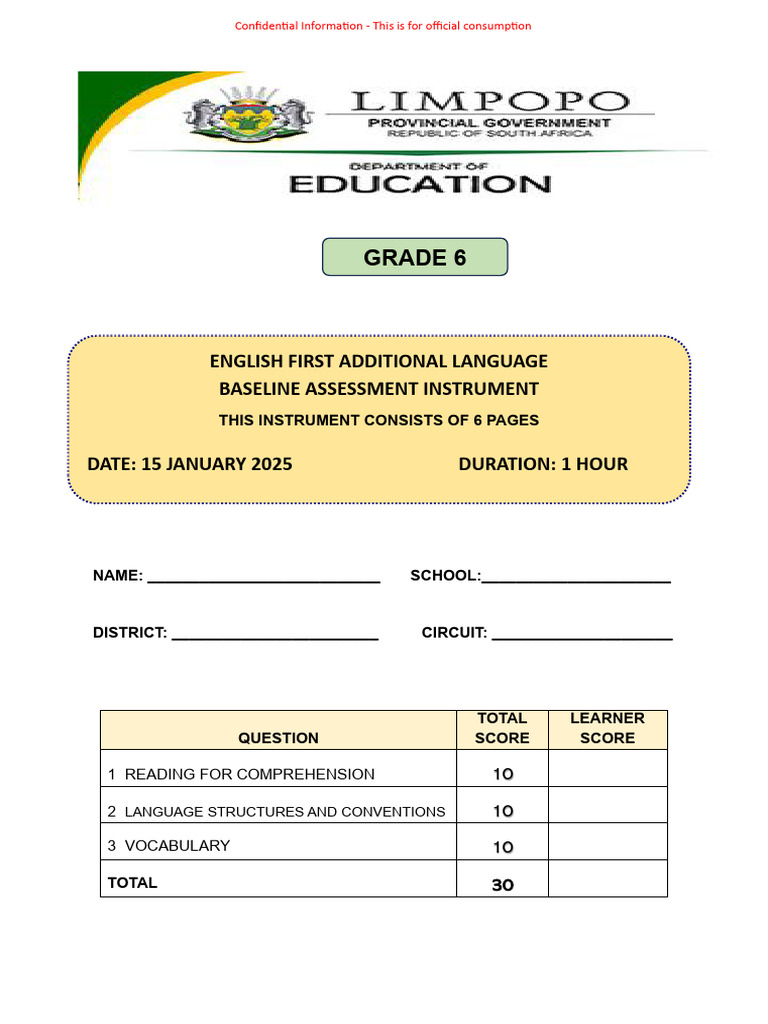 Grade 6 English Baseline Assessment 2025 | PDF | Linguistics ...