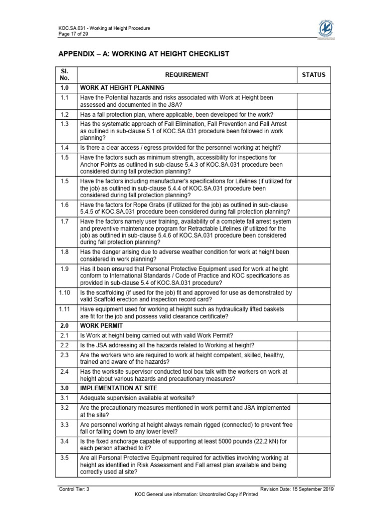 Appendix - A Working at Height Checklist | PDF | Safety | Occupational ...
