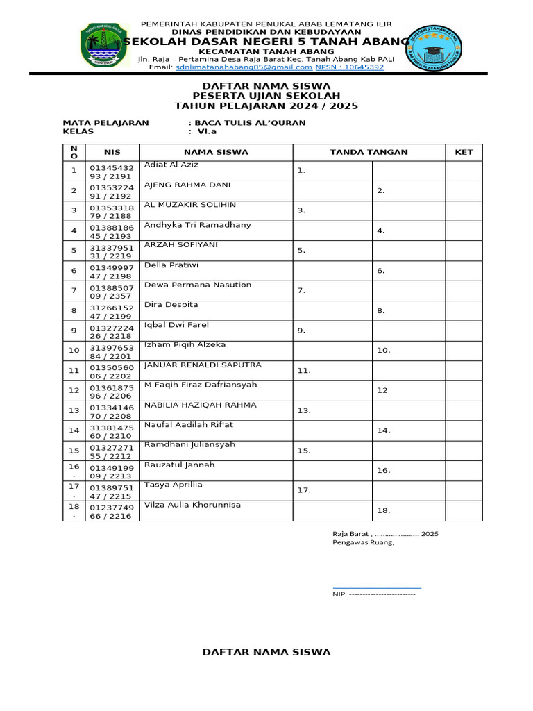 Daftar Hadir Peserta Ujian Sekolah | PDF