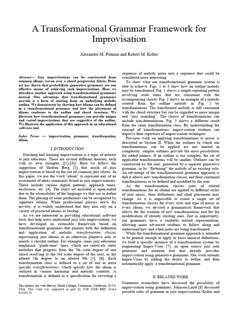 A Transformational Grammar Framework For Improvisation | PDF | Chord ...