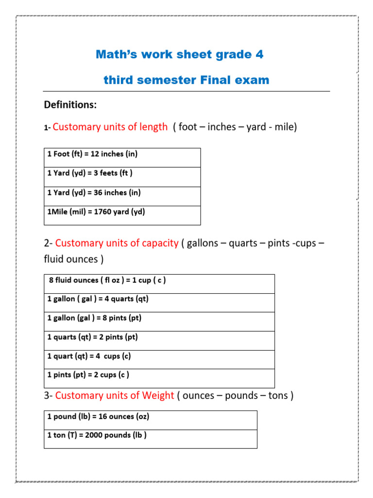 Math Work Sheet - Third Term G4 | PDF | Gallon | Triangle