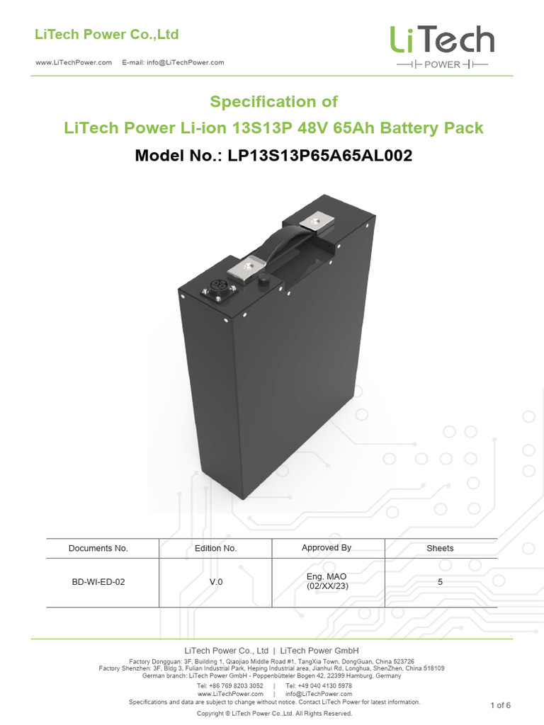 LiTech 48V 65ah 13S13P Battery Pack Datasheet | PDF | Lithium Ion ...