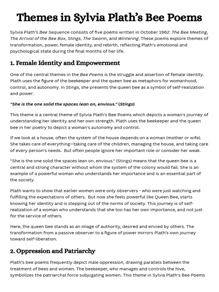 Themes in Sylvia's Bee Poems | PDF | Sylvia Plath | Beekeeping