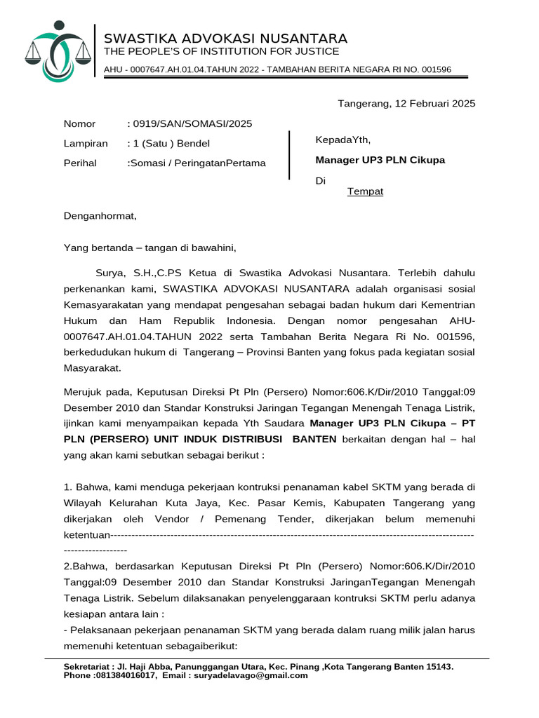 Somasi Terhadap PLN UP3 Cikupa | PDF