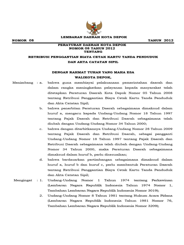 PERDA KOTA DEPOK 8 2012 RETRIBUSI PENGGANTIAN BIAYA CETAK KTP DAN KK | PDF