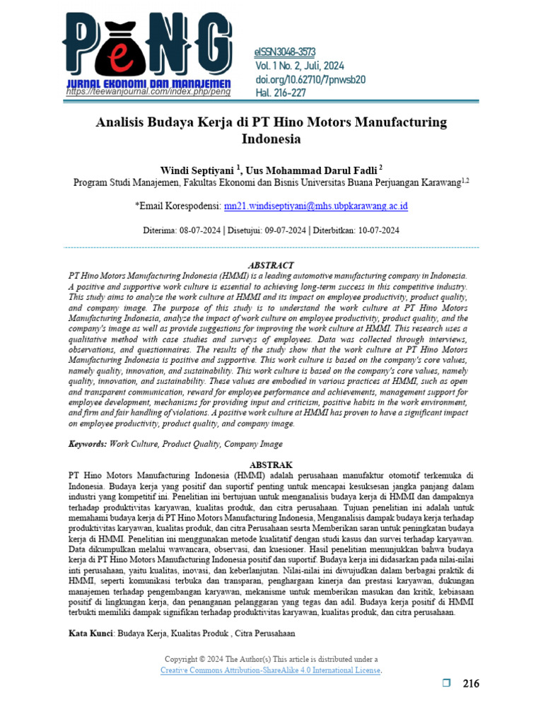 Analisis Budaya Kerja Di PT Hino Motors Manufacturing Indonesia | PDF