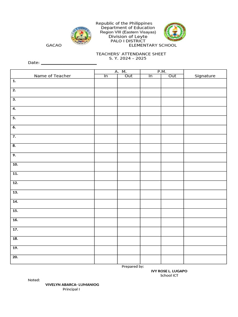 Gacao Elementary School Attendance Sheet | PDF