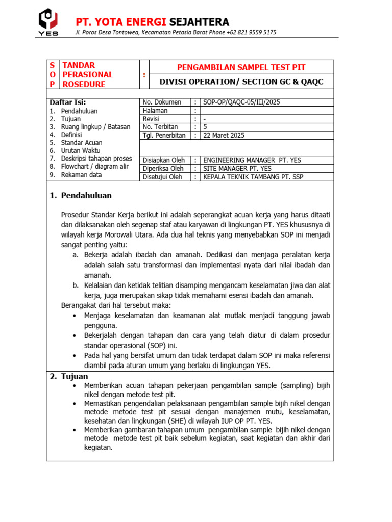 SOP Pengambilan Sampel Test Pit | PDF