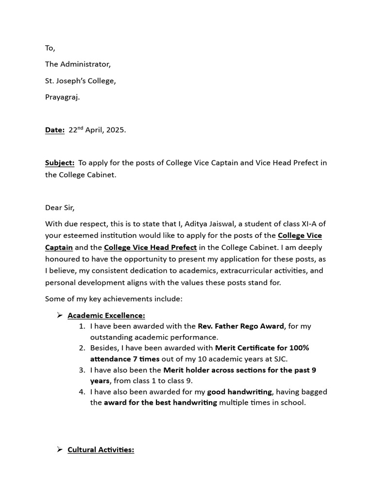SJC College Cabinet 2025-26 Application - Aditya Jaiswal | PDF