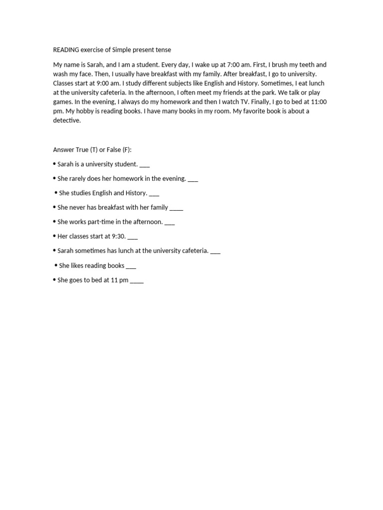 READING Exercise of Simple Present Tense | PDF