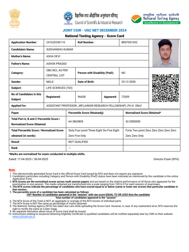 JOINT CSIR-UGC NET DECEMBER-2024 | PDF | Qualifications | Tests