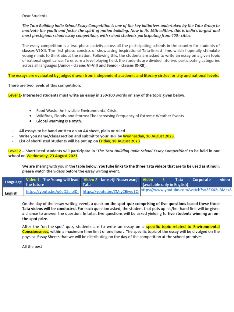 The Tata Building India Essay Competition | PDF | Essays