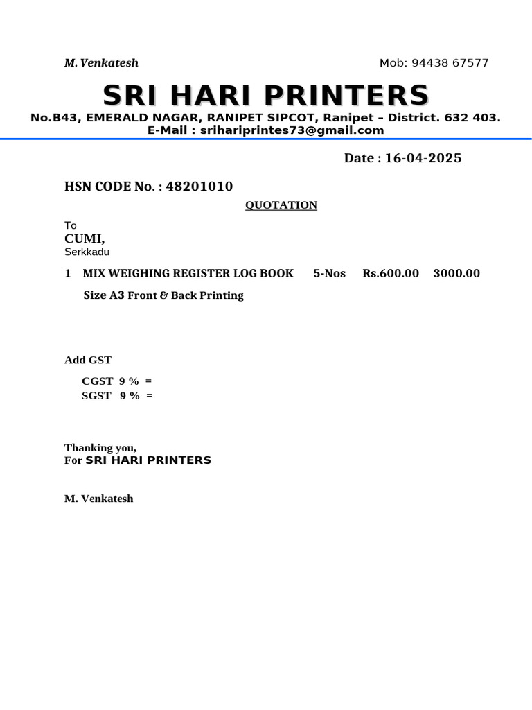 Mix Weighing Register Log Book Quotation Serkadu | PDF