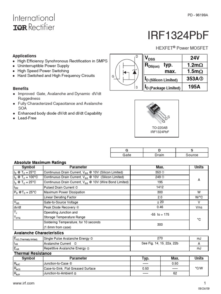 Infineon IRF1324 DataSheet v01 - 01 EN | PDF | Diode | Computer Engineering