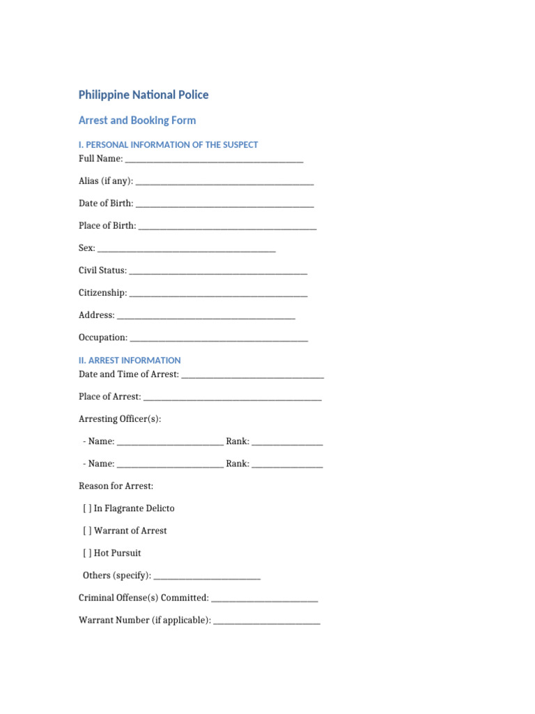 PNP Arrest and Booking Form Template | PDF