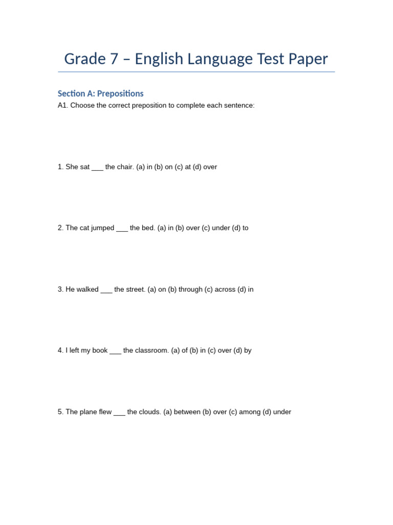 Grade 7 English Language Test Paper With Space | PDF | Linguistics | Syntax
