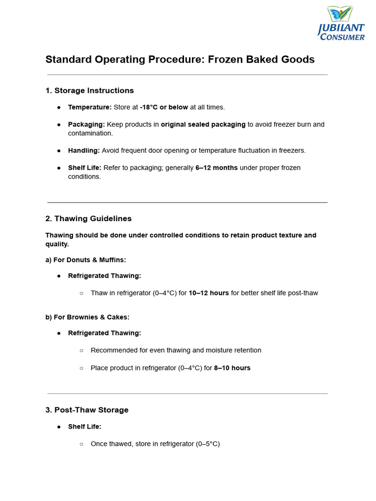 SOP for Thawing Frozen Baked Goods | PDF