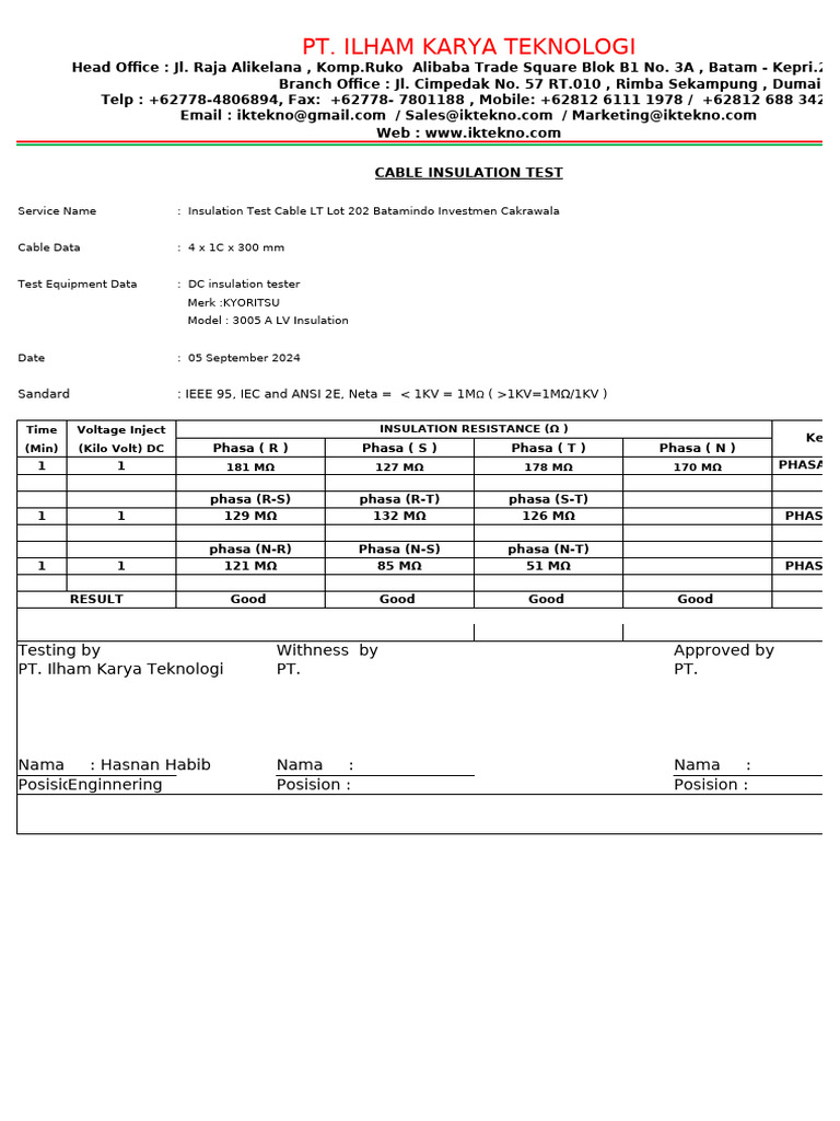 HIPOT TEST CABLE FORM dan MEGGER | PDF | Electric Power | Electromagnetism